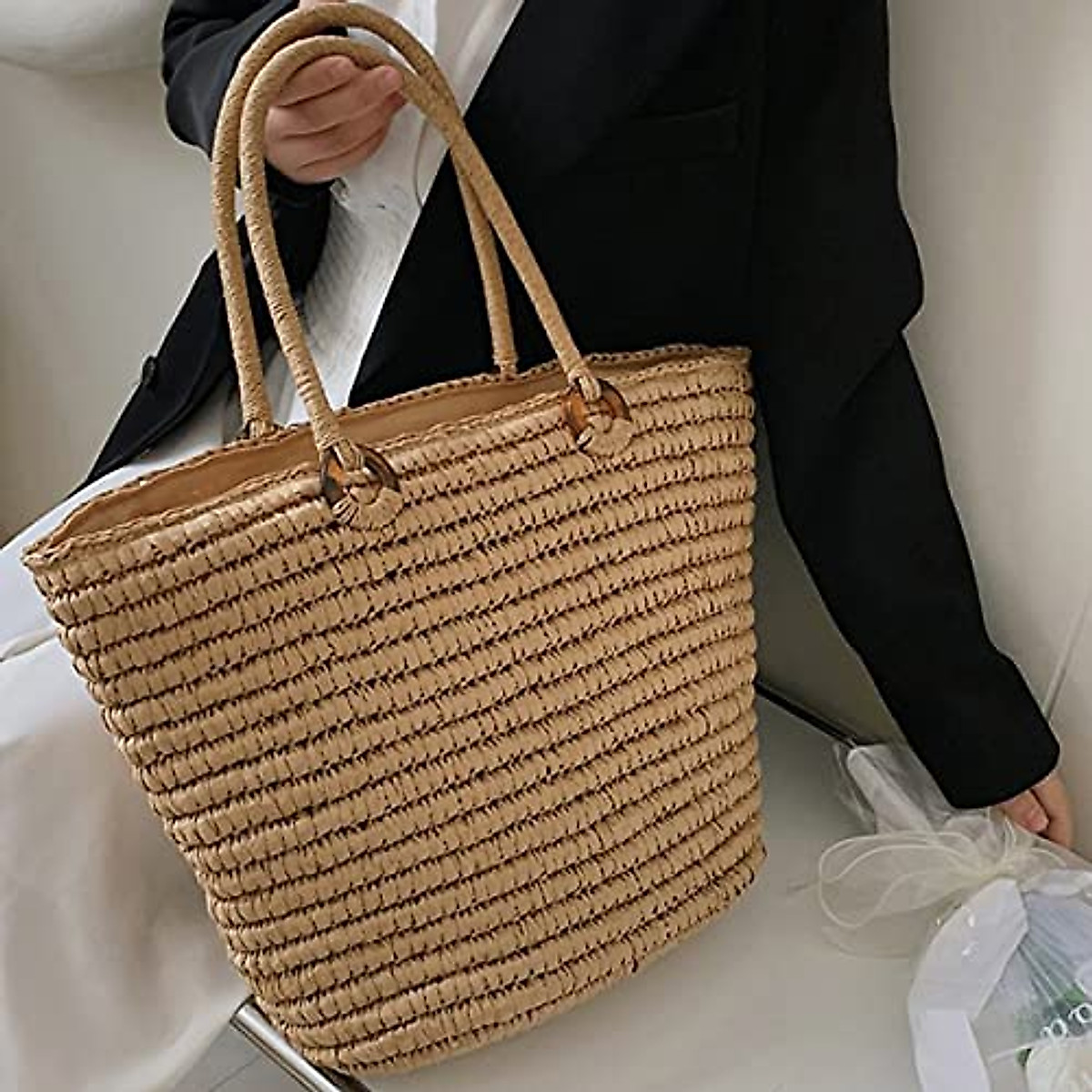 VSUVUR Women Large Woven Straw Beach Tote,Hand-Woven Straw Handbag, Handmade Weaving Shoulder Bag,Summer Beach Bag