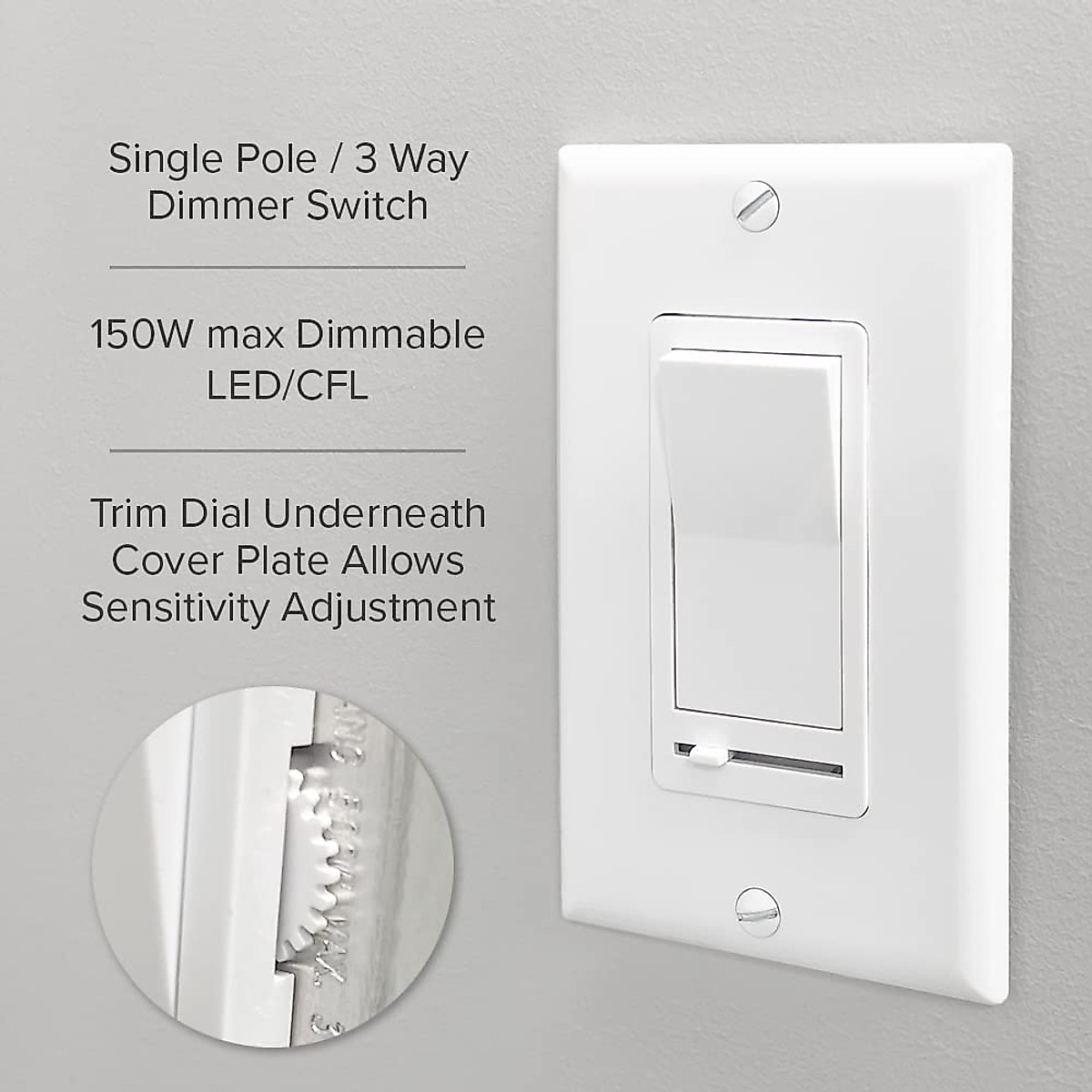 Maxxima LED Slide Dimmer Rocker Switch - 3-Way/Single Pole Compatible, Decorative Electrical Light Switch, 600 Watt Max, LED Compatible for Indoor Home Use, Wall Plate Cover Included - White