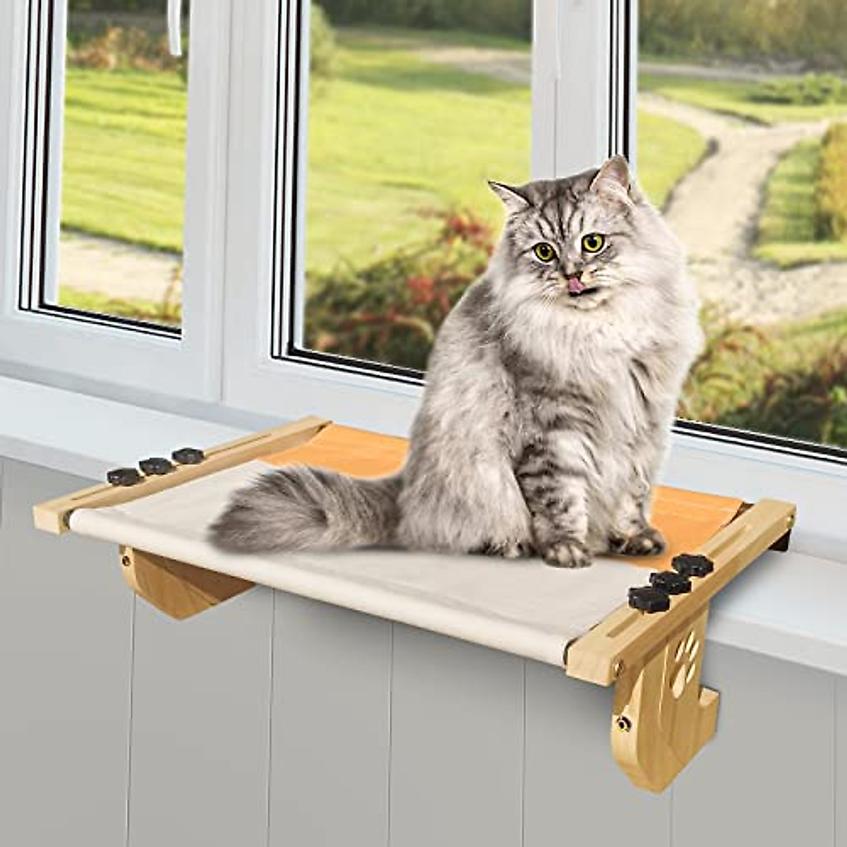 Cat Window Perch Sturdy Cat Window Hammock with Wood and Metal Frame-No Drilling Required-Multiple Ways to Use-Cat Bed for Windowsill,Floor,Bedside or Cabinet-Suitable for Large Cat or Fat Cats-(M)