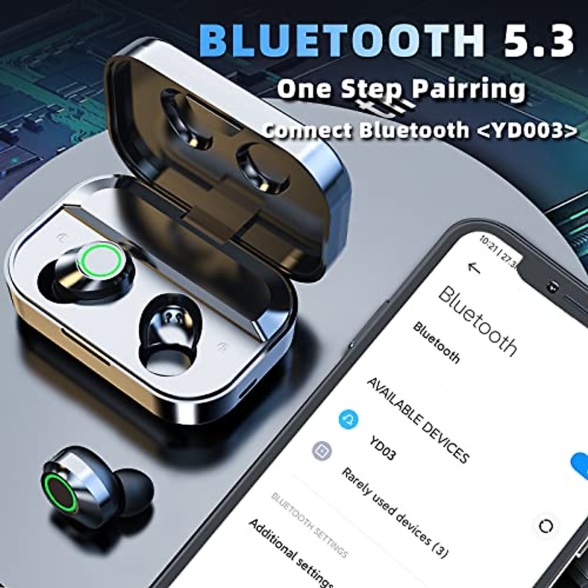 FADACHY Wireless Earbuds,Bluetooth 5.3 in Ear Headphones Built-in Microphon,HiFi Stereo Sound,LCD Recharger Case,Touch Control Earphones for Sport Running Waterproof,Black