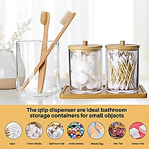 2Pack Acrylic Qtip Holder Dispenser and 1 Bamboo Tray, 10oz Bathroom Canisters Set, Apothecary Jars Qtip Holder Bathroom for Cotton Ball, Cotton Swab,Q-Tips Accessories Storage Organizer