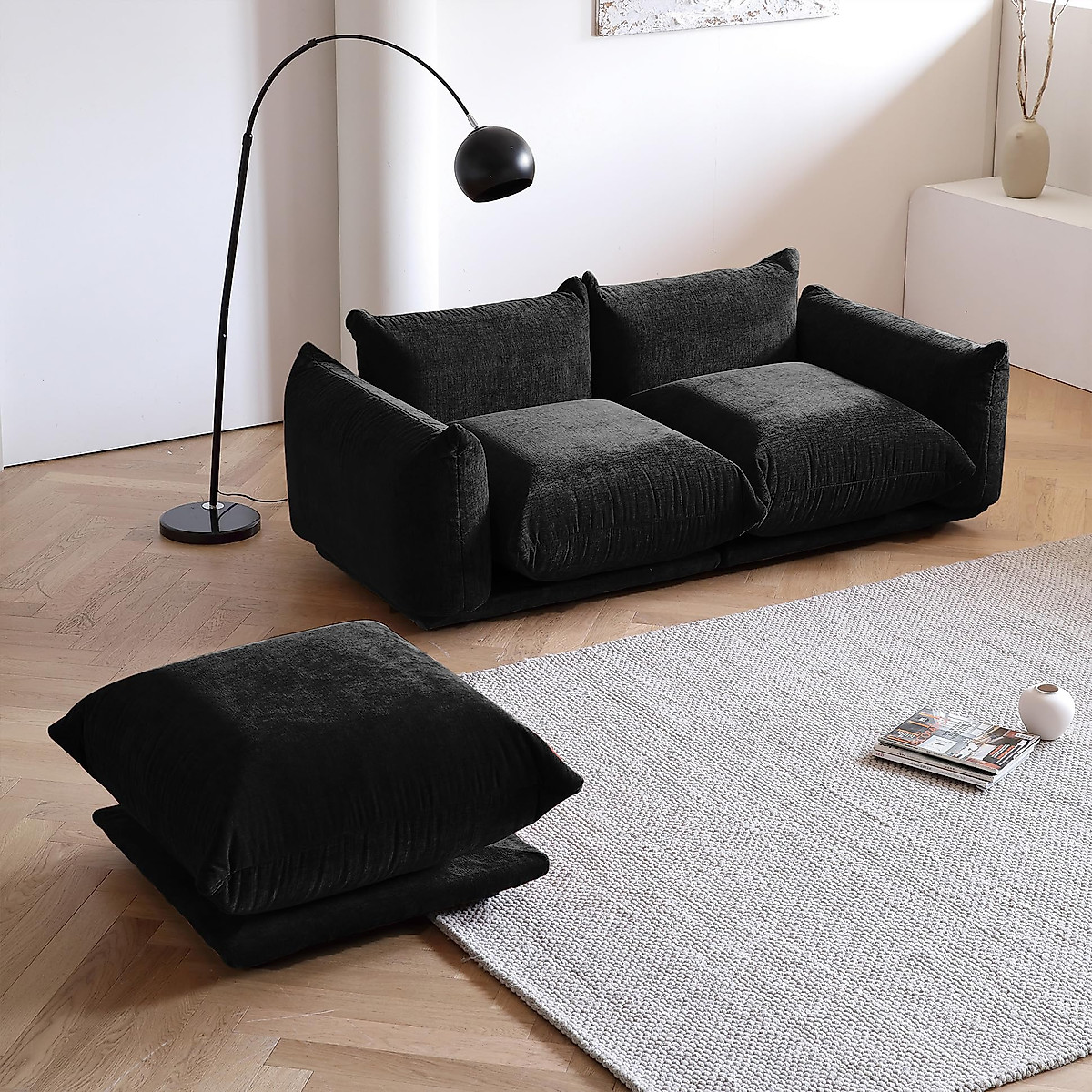 JACH Mid-Century Modern Comfy Ottoman, Chenille Sofa Footrest Couch with Thick Cushion, 26" Foot Stool Furniture for Small Spaces Living Room Bedroom Office Apartment, Black