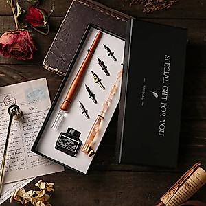 VANGOAL Oblique Calligraphy Pen and Glass Pen Ink set, Includes Crystal Oblique Dip Pen,Wooden Glass Pen,5 Different Nibs and Bottle of Ink, Gorgeous Art & Business Gift (Orange+Pink)
