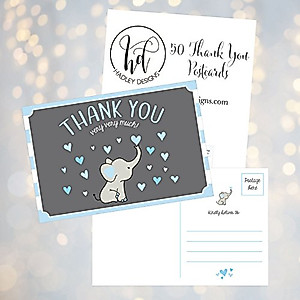 Hadley Designs 50 4x6 Elephant Boy Baby Shower Thank You Postcards Bulk, Beautiful Modern Cute Boho Blue Blank Thanks Note Card Stationery Appreciation Set
