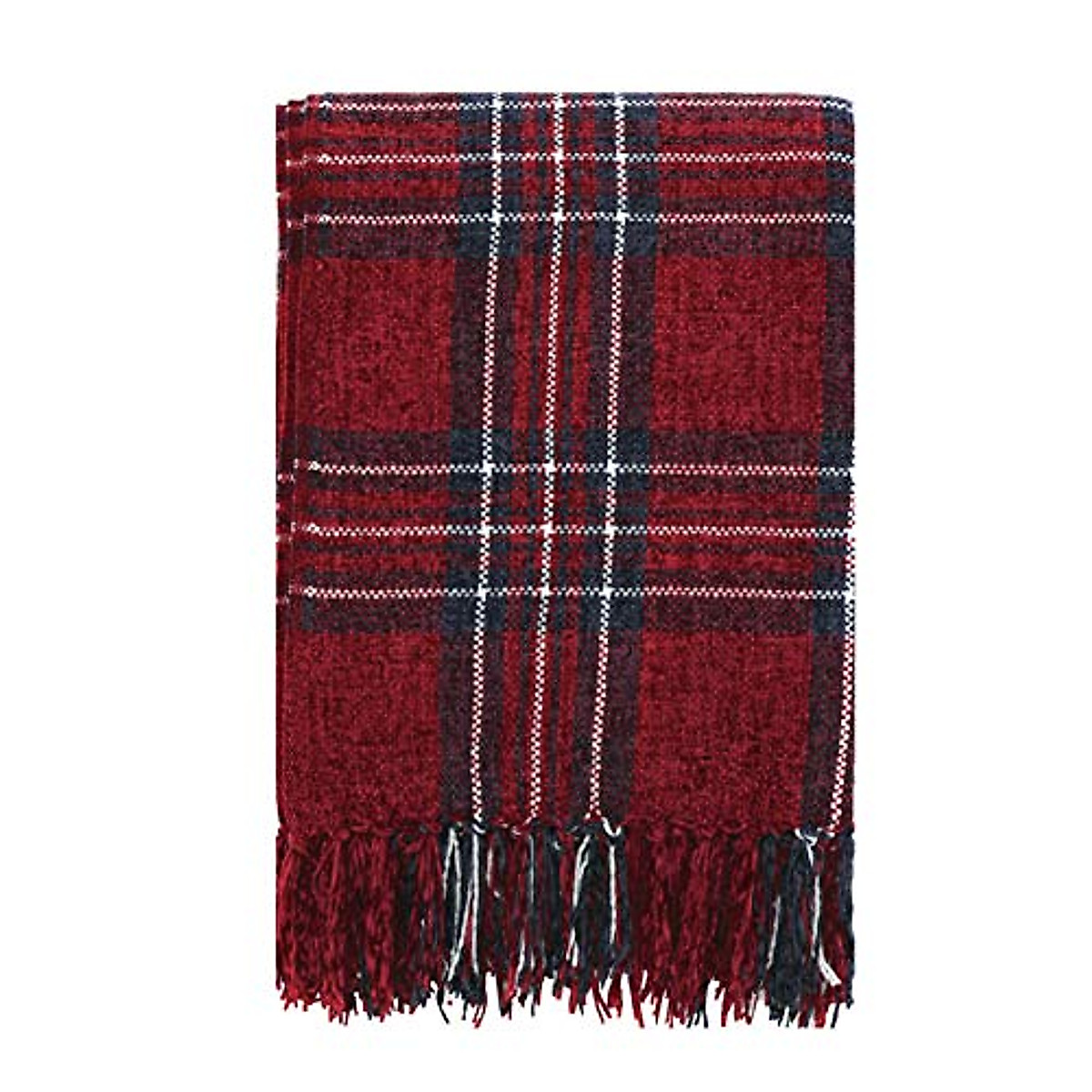 Muse Dream Chenille Fringe Plaid Throw Blanket Red Navy Holiday Classic Buffalo Lightweight Blankets for Sofa Couch All Season Indoor Outdoor Use,Multi-Colored 50" Wx60 L