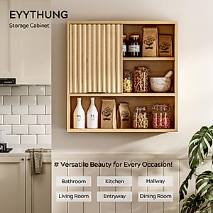 EYYTHUNG Fluted Wall Cabinet Bathroom, Modern Medicine Cabinet with Sliding Door Adjustable Shelf Wood Storage Cabinet Wall Mounted for Kitchen Dining Room Living Room, Natural Oak