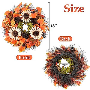 Fall Wreath for Front Door - 20" Autumn Maples Leaf Pumpkin Sunflower Wreath - Thanksgiving Halloween Harvest Home Outdoor Indoor Window Wall Fall Decorations