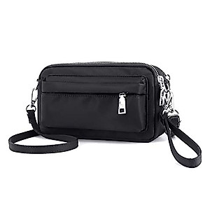 YANAIER Multi-Zipper Crossbody Handbag Purse, Women's Nylon Wristlet Mini Crossbody Bag Clutch with 2 Straps Black