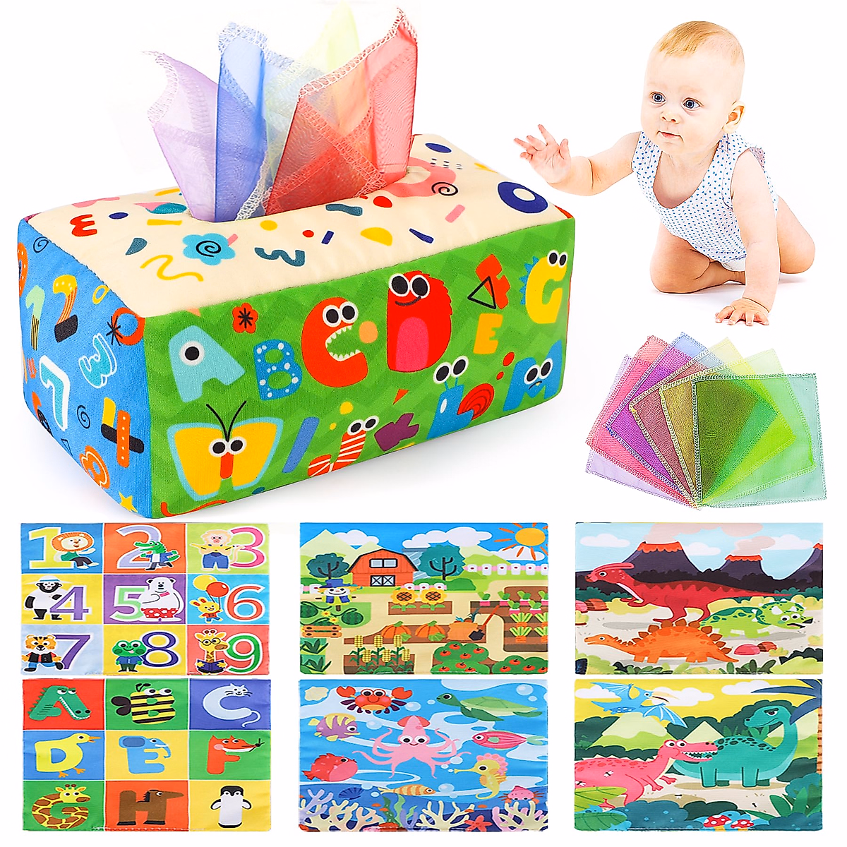 URMYWO Baby Tissue Box Toy - Montessori Baby Toys for 6-12 Months 1 Year Old Boy Girl - Soft Crinkle Sensory Toys for Infant Toddlers - Easter Basket Essentials Stuffers - Baby Boy Girl Gifts