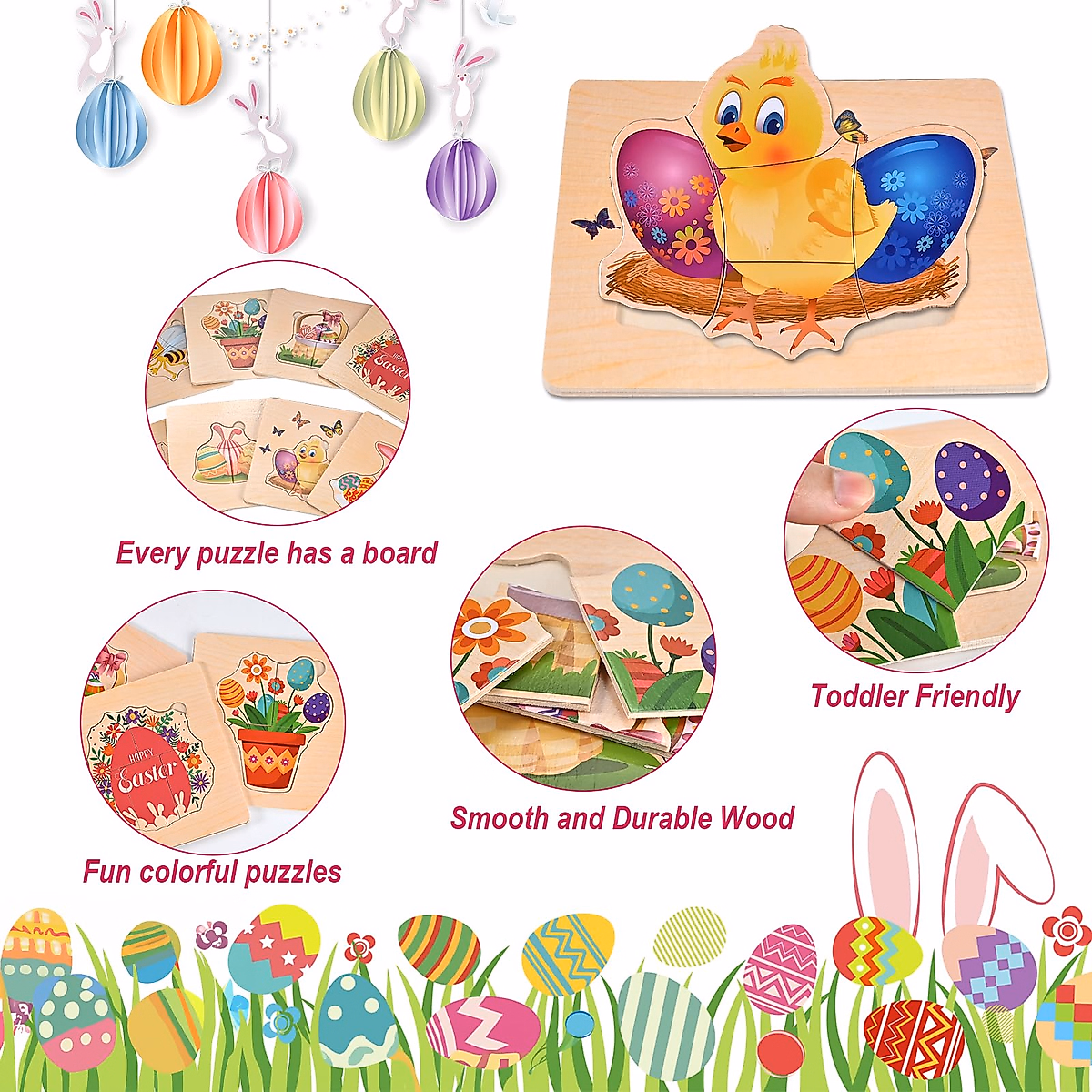 8pcs Easter Puzzles for Toddlers 3-5, Easter Basket Stuffers Fillers for Toddler Party Favors- Wooden Puzzles Gifts Toys for Kids Boys Girls Baby, Classroom Exchange Gifts Rabbits Eggs Puzzle