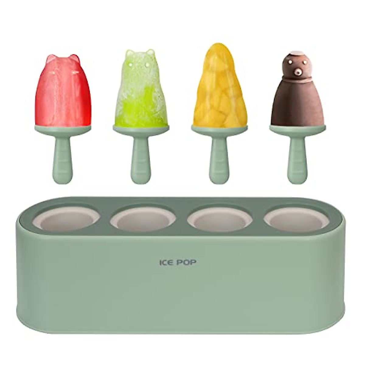 WWW Homemade Popsicle Molds with 4 Cartoon Shape Cavities, Food Grade Silicone Popsicle Maker with Sticks, Easy Release & Clean BPA Free Popsicle Molds for Kids, Reusable Ice Pop Molds, Green