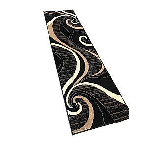 Modern Runner Contemporary Area Rug Dark Brown Black Beige Carpet King Design 344 (2 Feet X 7 Feet 3 Inch )