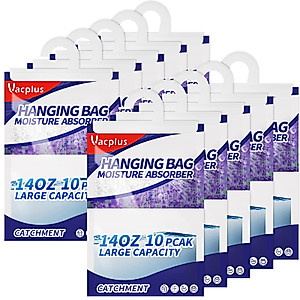 Vacplus Hanging Moisture Absorbers Bags - 14 OZ Universal Dehumidifiers for Closet and Enclosed Space, Scented Dehumidifier Bags Effectively Trap Extra Moisture & Remove Odors, Lavender Scent, 10 Pack