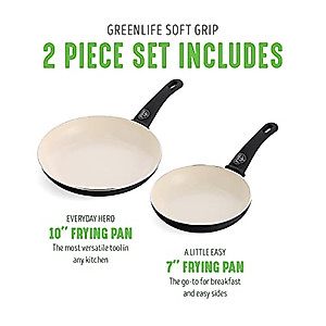 GreenLife Soft Grip Healthy Ceramic Nonstick 7" and 10" Frying Egg Omeltte Pan Skillet Set, PFAS-Free, Dishwasher Safe, Black and Cream