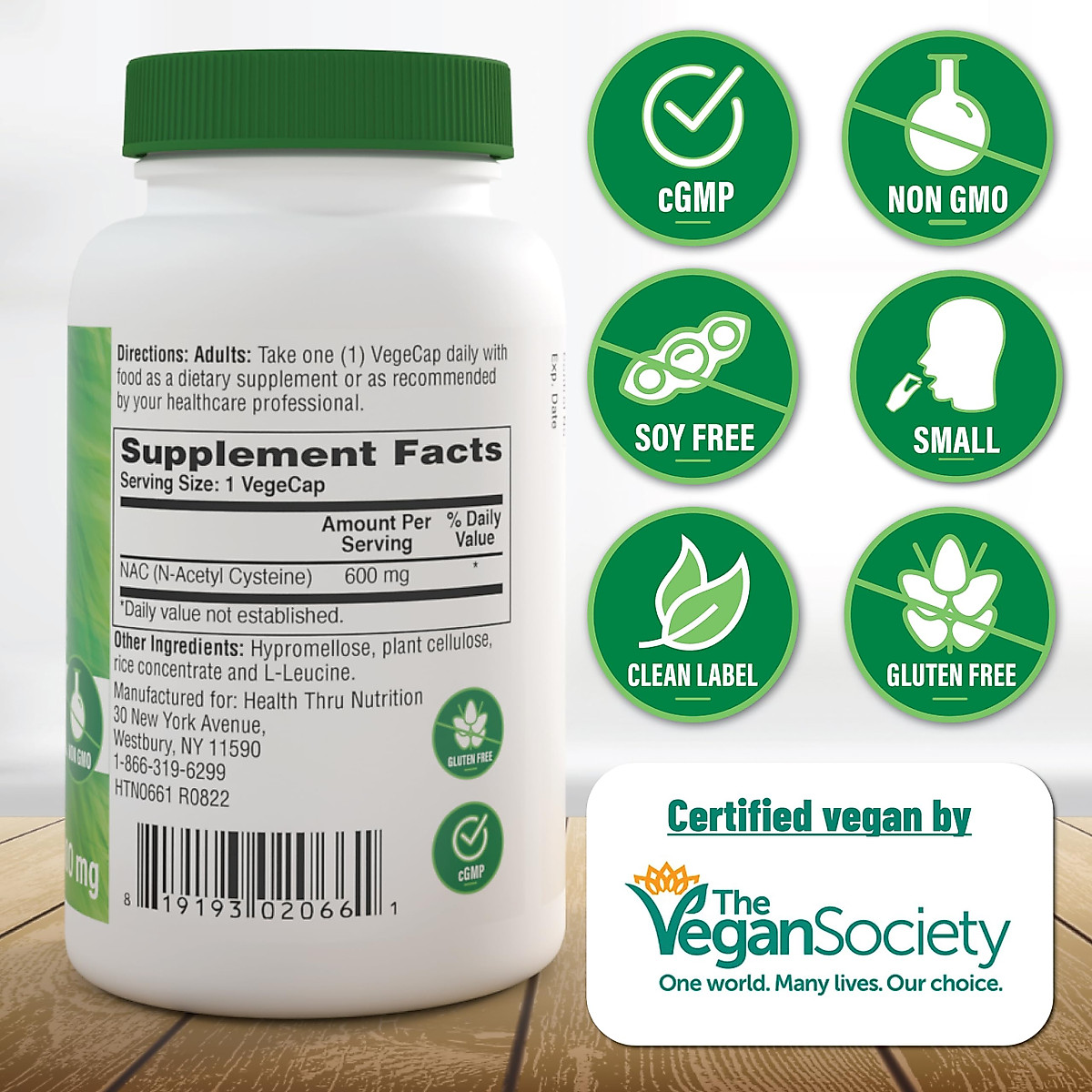 Health Thru Nutrition NAC N-Acetyl-Cysteine 600mg 120 Capsules | Vegan Certified | The Purest NAC Supplement | Supports Healthy Lung Liver Functions & Cellular Health | Non-GMO Soy & Gluten Free