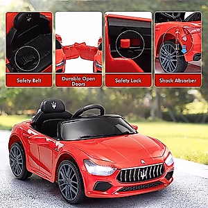 TOBBI Kids Ride on Car, 12V Licensed Maserati Ghibli, Electric Car for Boy Girl with Remote Control, 3 Speeds, Music, Bright Lights, MP3, USB, Electric Vehicle for Kids Ages 3-6 Years, Red