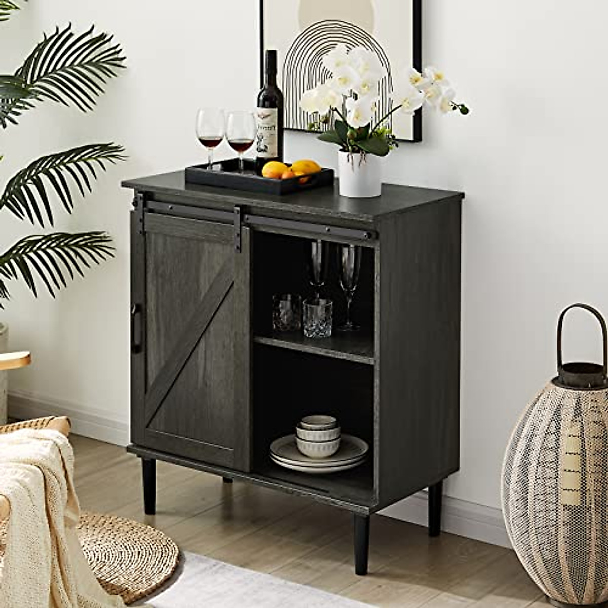 IRCPEN Sideboard Buffet Storage Cabinet, Small Accent Cabinet with Barn Door, 31.5" Cupboard Sliding Barn Door Kitchen Cabinet with Shelves for Bar, Living Room,Dining Room, Hallway (Dark Grey)