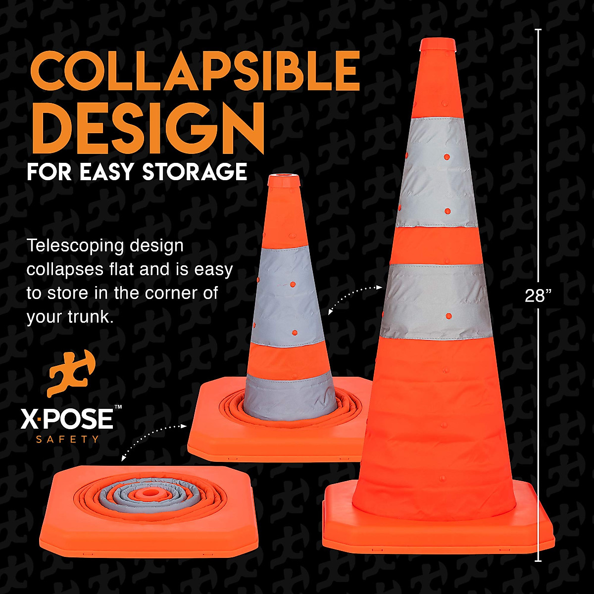 Collapsible Orange Traffic Safety Cone - 28 Inch - Heavy Duty Reflective Traffic Cones for Roadside Emergency and Vehicle Safety - for Parking, Caution Signs, Construction, Road Crews (1)