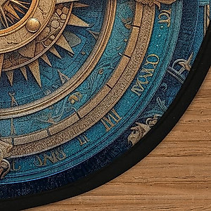 Blue Compass Rose Round Rug 5ft, Round Area Rug Ocean Nautical Non-Slip Circle Rug Indoor Floor Mat Carpet for Bedroom Living Room Kitchen Decor, 5' x 5' Round