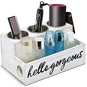 Rustic White Hair Dryer Holder, Curling Iron Holder Hair Tool Organizer, Hair Product Organizer, Hair Styling Tools Accessories Organizer, Blow Dryer Holder for Bathroom Countertop Vanity Storage