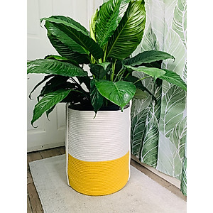 Yellow/White Rope Woven Laundry Basket/Nursery Hamper/Baby Laundry Basket/Toy Storage/Cotton Rope Basket/XXL Large Tall 18"H x 15"W/With Handles Clothes Blankets Kids Pet Organizer Decor Gift