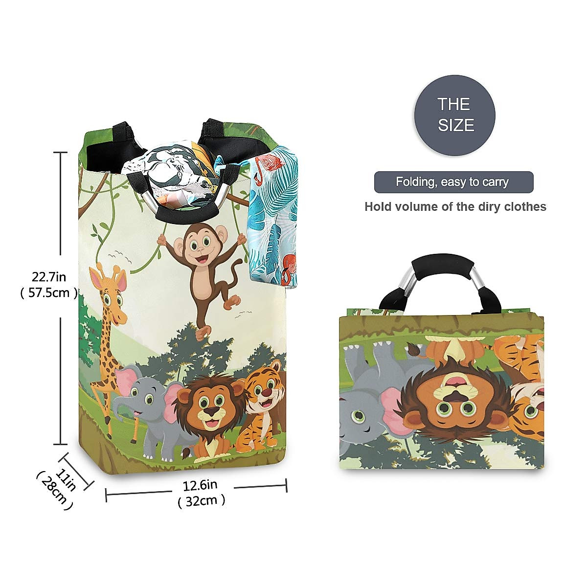 senya Jungle Animals Large Storage Basket with Handles Collapsible Organizer Bin Laundry Hamper for Nursery Clothes Toys