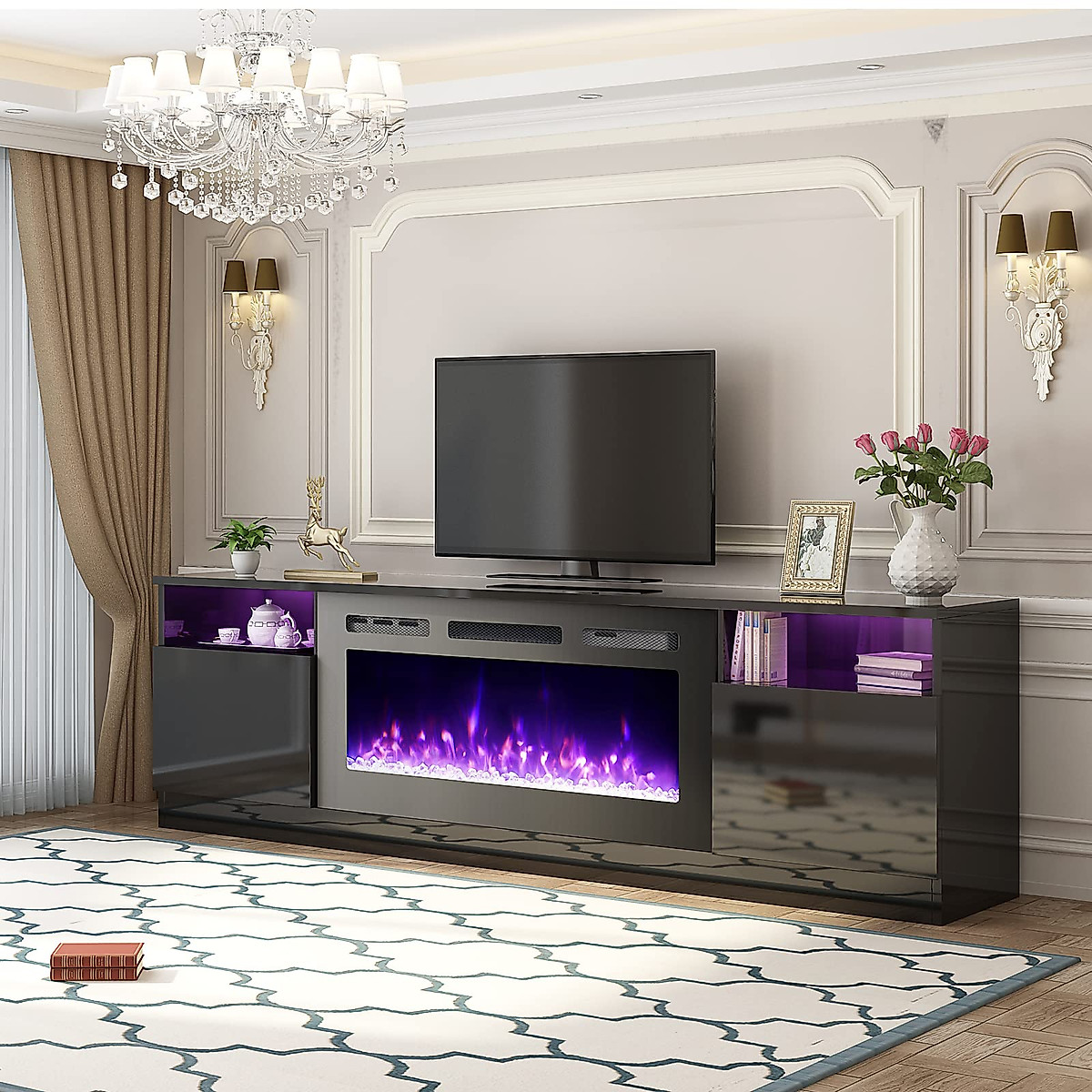 EROMMY 70'' Fireplace TV Stand with 36'' Electric Fireplace, Entertainment Center with 16 Color Led Lights and 12 Flame Fireplace Insert Heater, TV Console for TVs up to 80'' for Living Room, Black