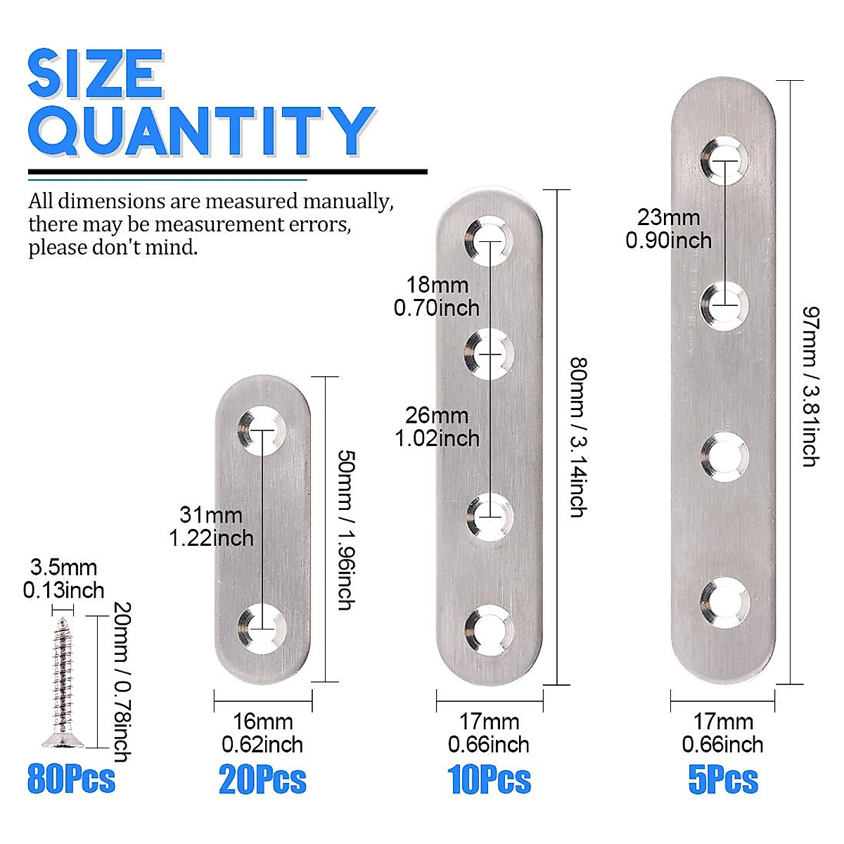 Glarks 35-Pieces 2 inch/ 3 inch/ 4 inch Stainless Steel Flat Straight Brace Brackets Mending Joining Plates Repair Fixing Bracket Connector and 80pcs Screws Set, Total 115pcs, Silver