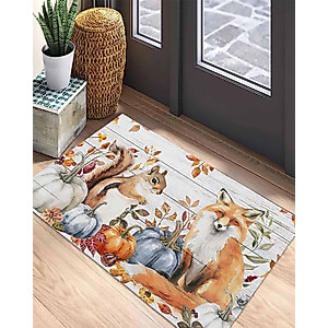 Fall Front Door Mat Outside Entrance, Thanksgiving Day Outdoor Indoor Low Profile Door Mats for Entryway, Funny Autumn Maple Leaves Pumpkin Squirrel Fox Welcome Mat Entry Doormats