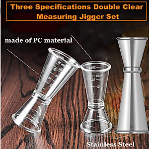 Double Clear Plastic and Stainless Steel Japanese Style Jigger, Set of 3, Cocktail Measuring Shot Glasses Drink Spirit Measure Cup for Bar Party Kitchen Tool