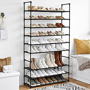Camabel 10 Tiers Shoe Rack Capacity 130lbs for 60 Pairs Stackable Narrow Expandable Non-Woven Fabric Shoe Storage Organizer Cabinet Tower Shelf Space Saving Assembly High Shoes Black BG361