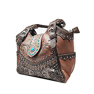 Texas West Western Style Rhinestone Concho Buckle Concealed Carry Purse Women Shoulder Bag in 4 colors (Brown)