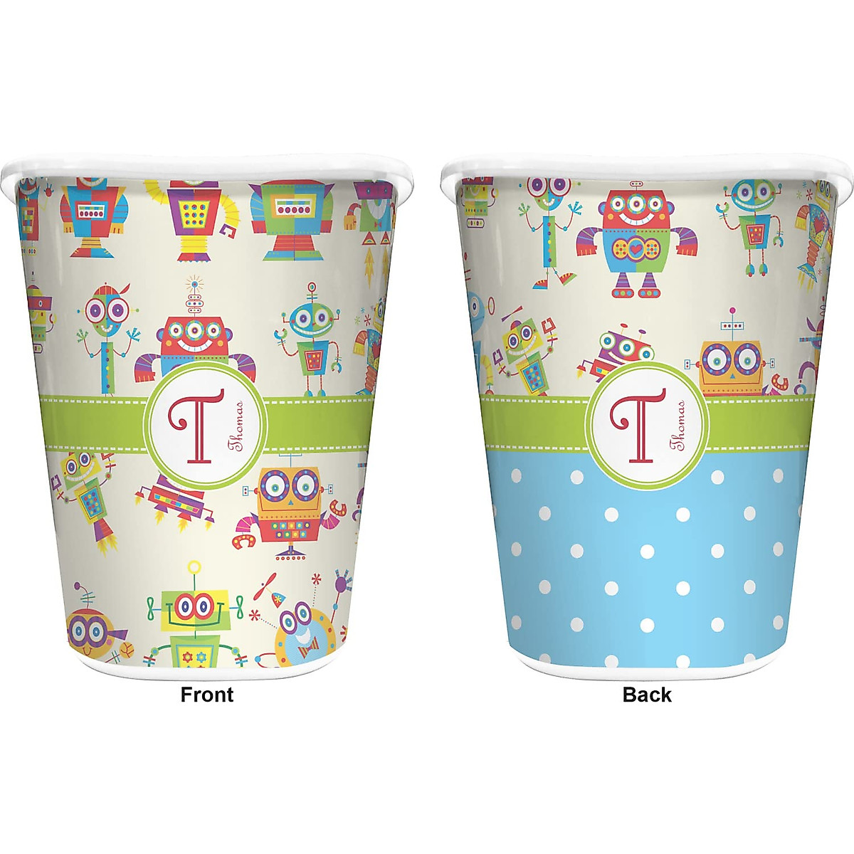 YouCustomizeIt Personalized Rocking Robots Waste Basket - Double Sided (White)