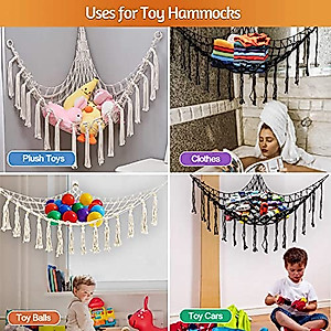 Stuffed Animal Net or Hammock with LED Light, Hanging Stuffed Animals Storage Hammock, Boho Macrame Toy Hammock Holder with Hooks, Corner Plush Toys Net Organizer for Bedroom Nursery Kids(Black)