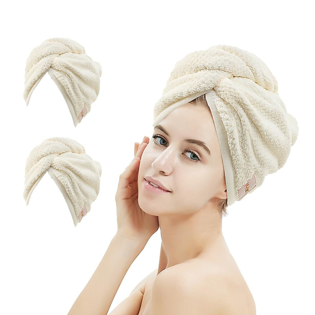 M-bestl 2 Pack Microfiber Hair Towel Wrap,Hair Drying Towel with Button, Absorbent and Soft,Anti-frizz Head Towel to Dry Hair Quickly(Beige&Beige)