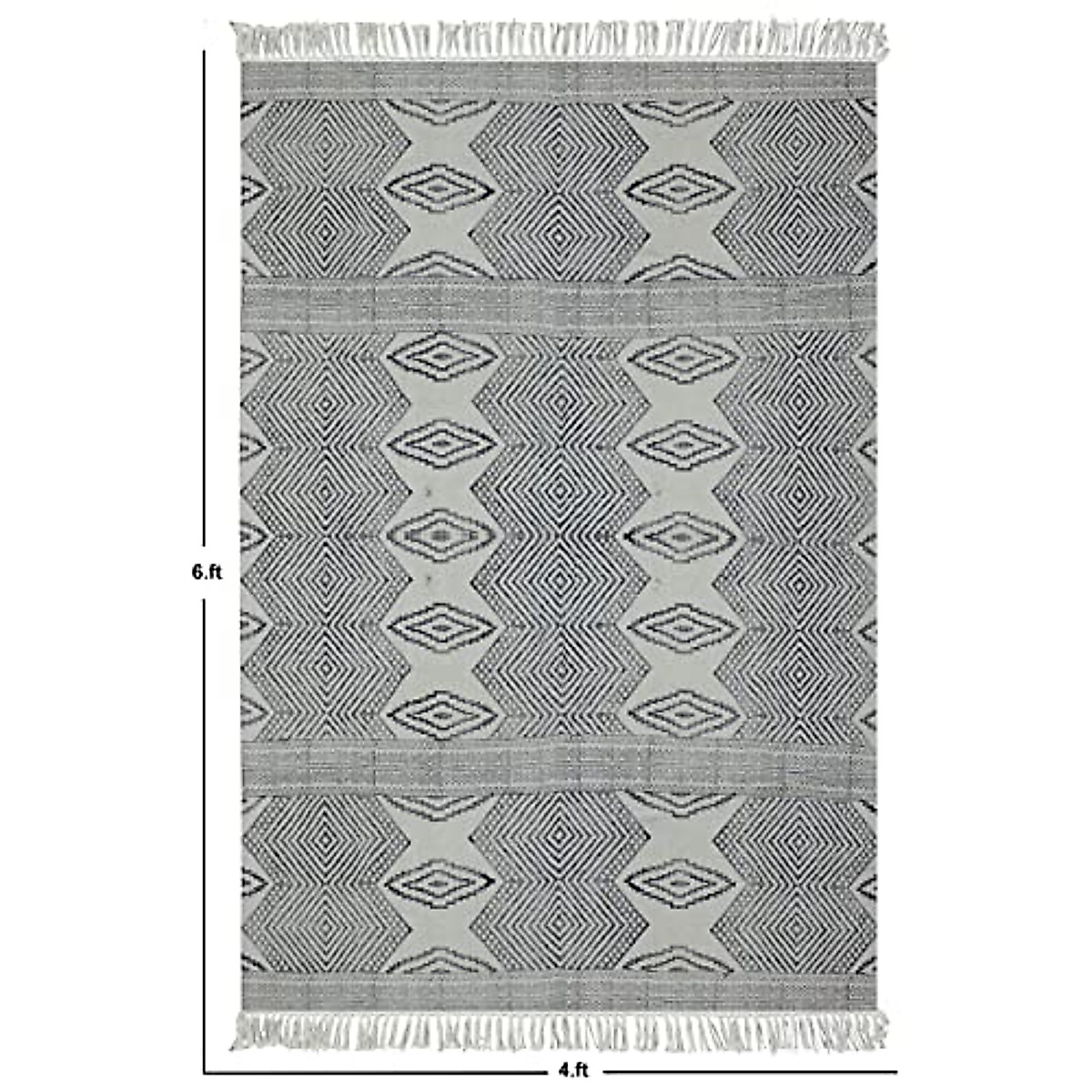 Casavani Hand Block Printed Cotton Dhurrie Geometric Gray & Beige Tassel Rug Easy Care Washable Rugs for Doormat Entryway Living Room Bedroom Hallway Balcony 2.6x10 Feet Runner