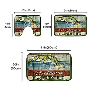 Rustic Cabin Bathroom Rugs and Bass Fish Out of Lakes Mats Sets 3 Piece, Velvet Memory Foam Natural Scenery Lake House Bath Mat, Large Small and U-Shaped Contour Shower Mat Non-Slip Washable