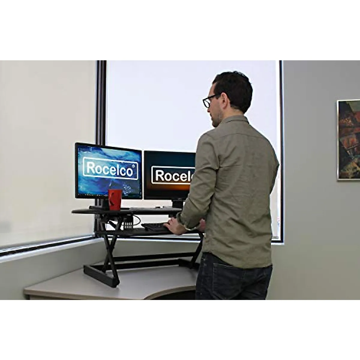 Rocelco 46" Height Adjustable Corner Standing Desk Converter, Quick Sit Standup Dual Monitor Riser, Gas Spring Assist Tabletop Computer Workstation, Large Keyboard Tray, (R CADRB-46), Black