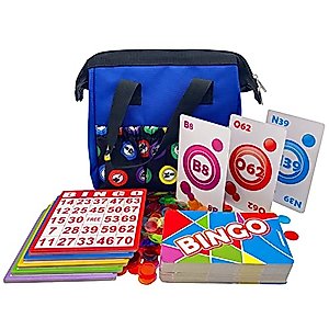 JUNWRROW Deluxe Bingo Game Set - Includes Blue Bingo Bag, Jumbo Calling Card Deck,50 Mixed Bingo Cards, 500 Colorful Chips with a Bag- Ideal for Large Groups, Parties
