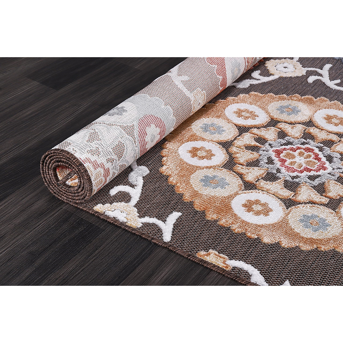 CAMILSON Indoor/Outdoor Rug 5x7 Bohemian Medallion Floral Area Rugs for Indoor and Outdoor Patios Easy-Cleaning Non-Shedding Living Room Garden and Kitchen Washable Outside Carpet (5 x 7 / Brown)