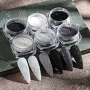 6 Jars Nail Glitter Powder Black White Sliver Dust Sugar Powder, Superfine French Nail Sugar Glitter Iridescent Candy Coat Nails Sweater Design Manicure Decorations DIY Crafts