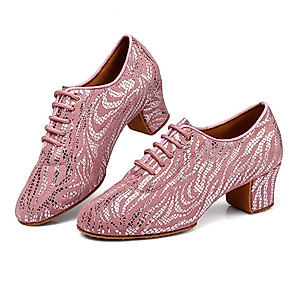 VCIXXVCE Women Latin Dance Shoes Ballroom Pink Lace-up Practice Suede Sole Social Dance Modern Salsa 1.4inch Dancing Shoes,7 US