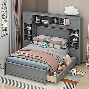 BEBPILOO Full Size Wooden Bed with All-in-One Cabinet and Shelf for Kids,Teens (Gray)