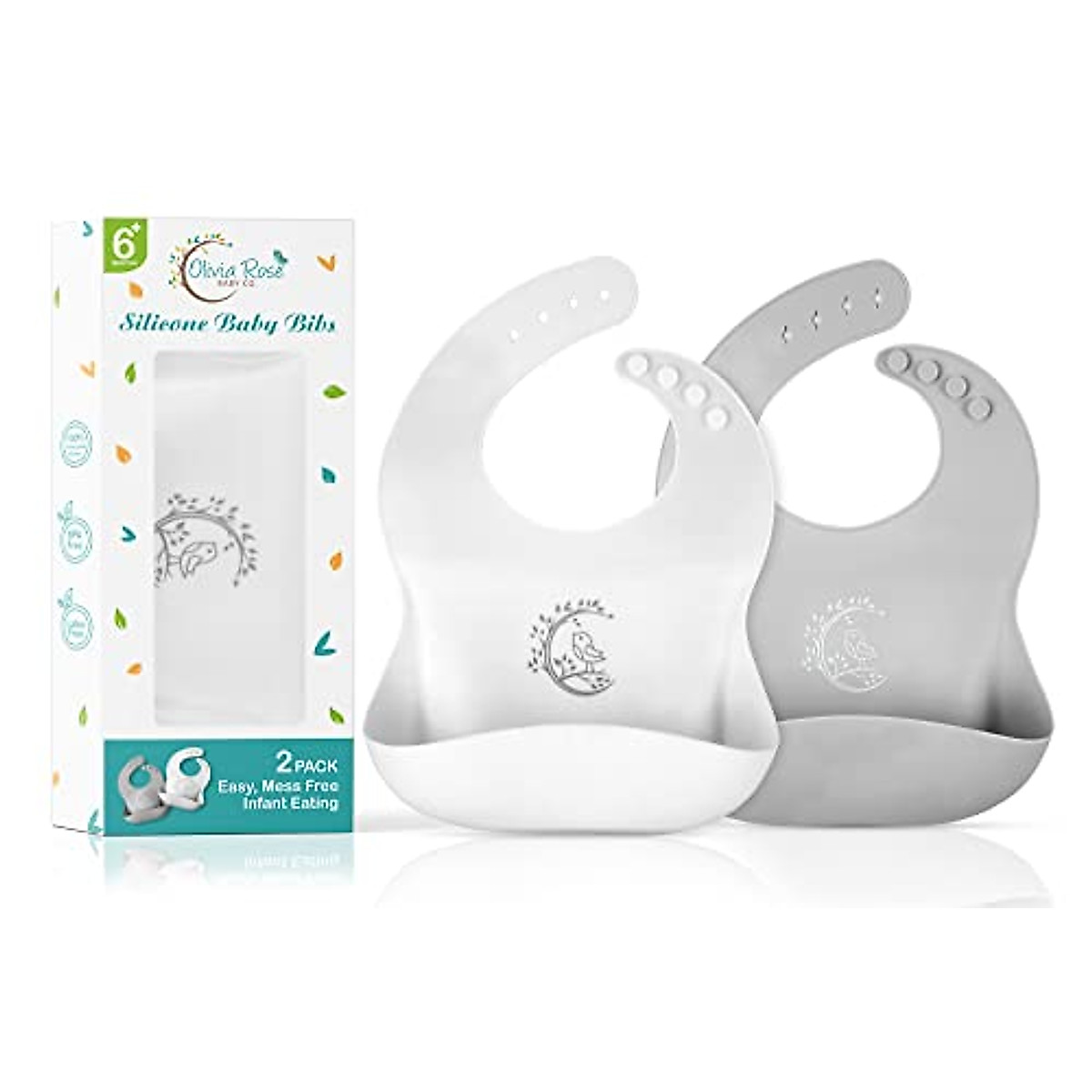 Silicone Baby Bibs (2 Pack), Soft Comfortable Adjustable Waterproof Bib, Unisex Easily Clean Bibs With Food Catcher For Babies And Toddlers. Modern Gender Neutral Colors: Grey & White.