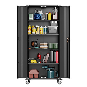 Aobabo Metal Garage Storage Cabinet on Wheels, Double Handle Lock Steel Storage Cabinet with 2 Doors, 4 Shelves Adjustable Black, Assembly Required