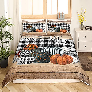 Fall Pumpkins Thanksgiving Bedding Set King Black White Buffalo Plaid Bedding Duvet Cover Rustic Farmhouse Wooden Board Comforter Cover For Adults Women Men Happy Autumn Fall Bed Set Brown 3 Pcs
