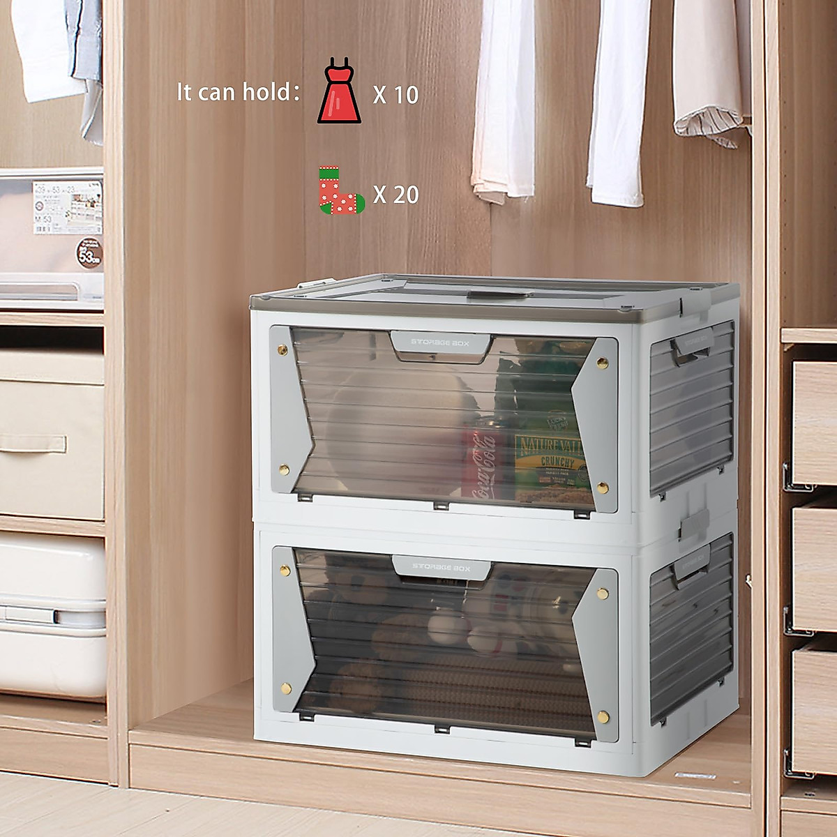 Cfvyne Collapsible Stackable Storage Bins with Lids and Doors 32Qt 8Gal 3 Pack,Foldable Plastic Storage Bins with Wheels,Large Box for Clothes, Bedroom Office Home Closet Organizer Container