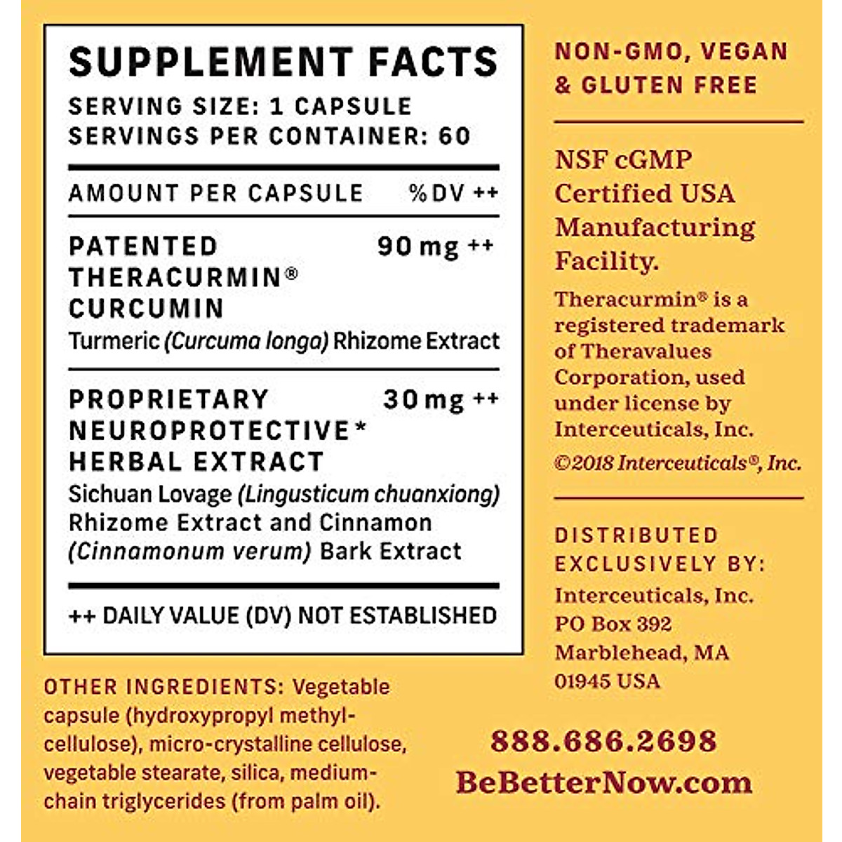 Interceuticals Better Memory - Theracurmin Curcumin 90 mg - Clinically Proven Dose, Improves Focus, Recall, Memory, and Mood* - High Absorption Turmeric Extract* (1 Bottle)