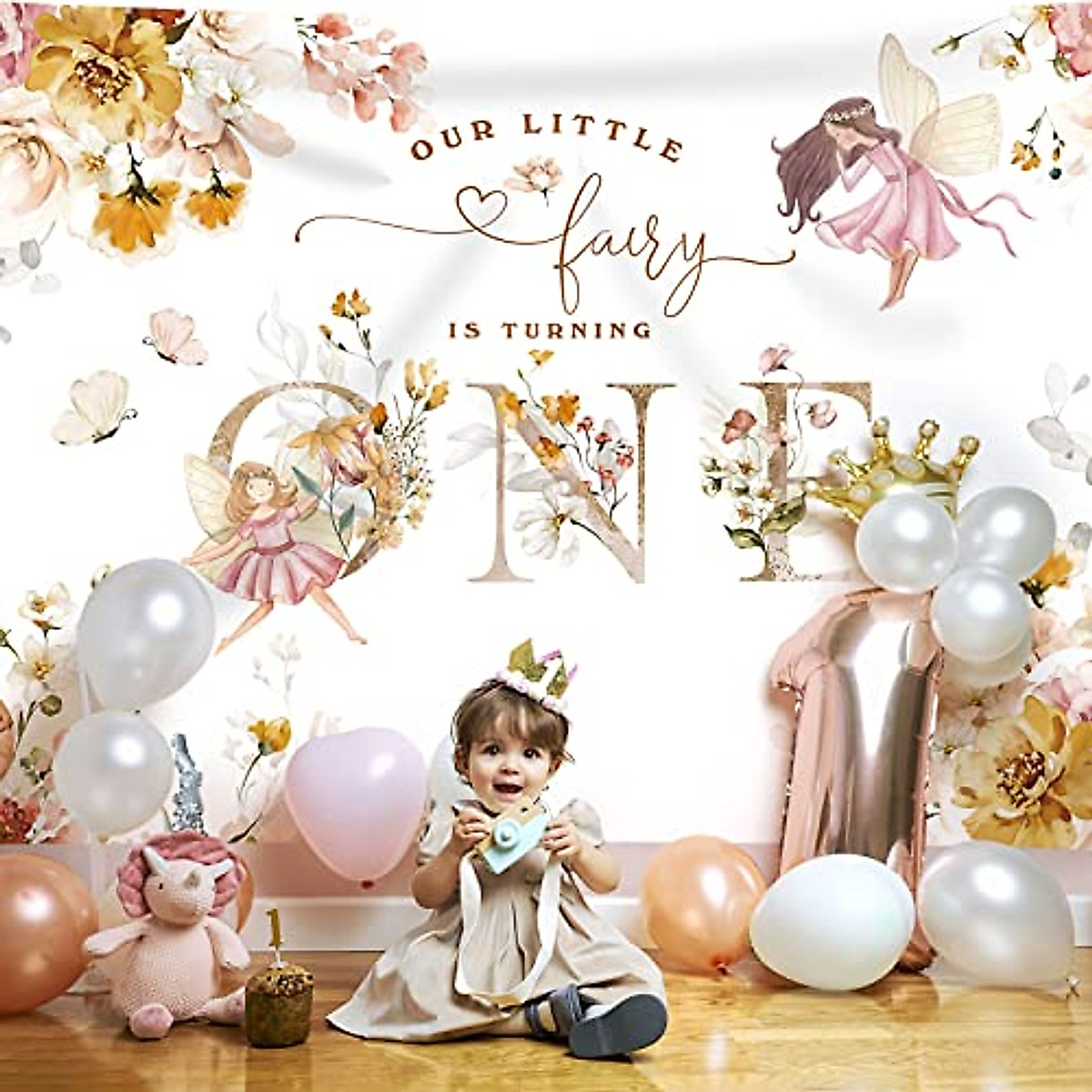 Rsuuinu Floral Fairy 1st Birthday Backdrop for Photography Flowers Fairy Tale Tea Wonderland Princess Girl Happy First Birthday Party Background Decoration Banner Supplies Photo Booth Props 7x5ft