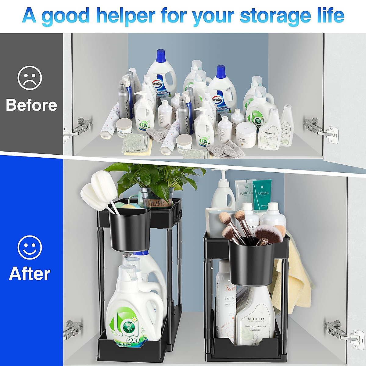 Under Sink Organizer, 2 PCS Adjustable Height Organizer Drawers 2 tier Multi-purpose Under Sliding Cabinet Basket, Kitchen Bathroom Cabinet Shelf Under Sink Organizers and Storage White